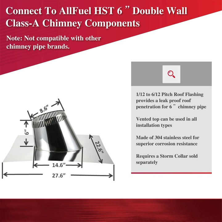 1/12 to 6/12 Pitch Roof Flashing for 6" Inner Diameter Chimney Pipe