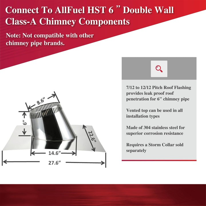 7/12 to 12/12 Pitch Roof Flashing for 6" Inner Diameter Chimney Pipe